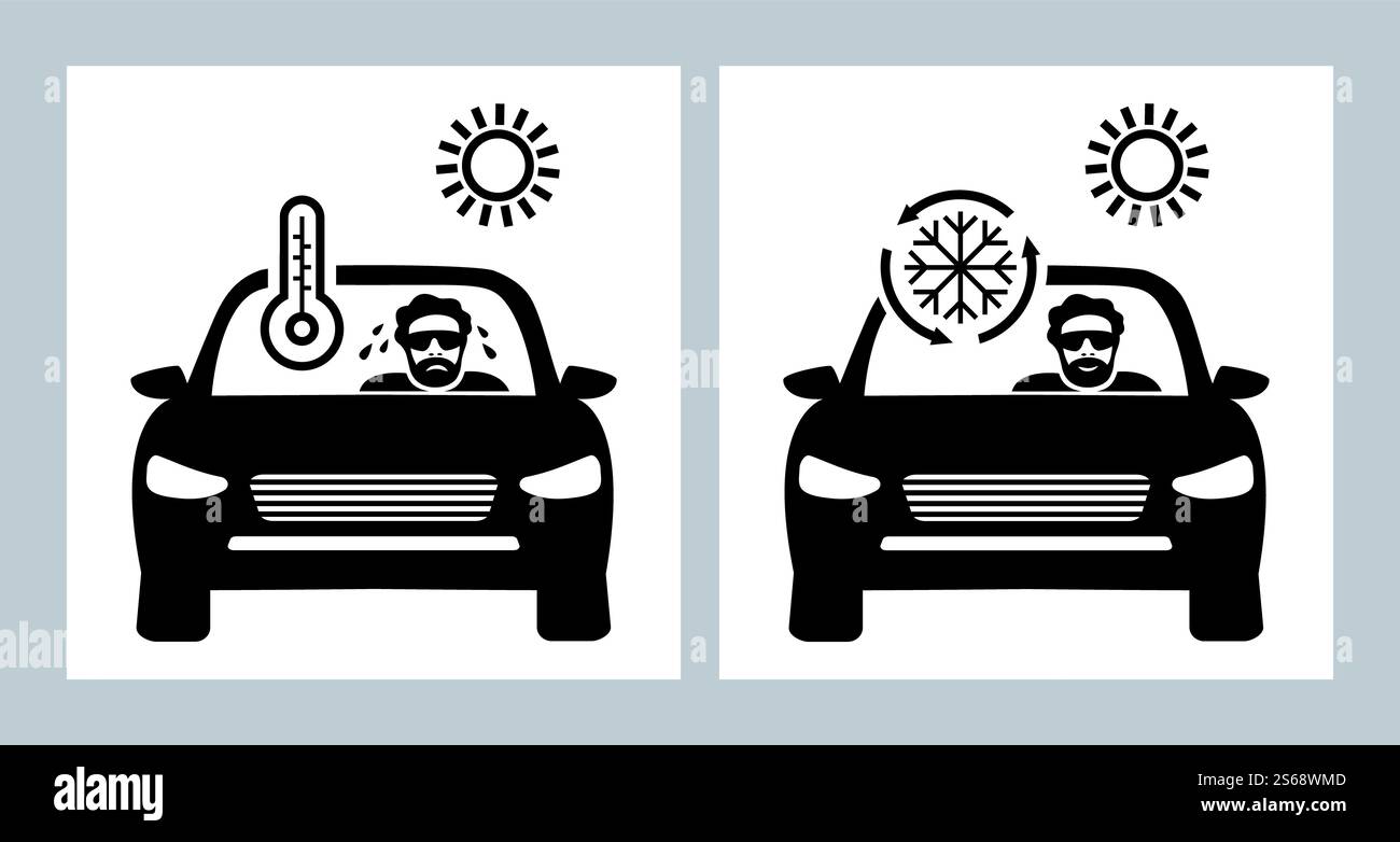 Car air conditioning image set. Sweating in too hot car vs. comfortable ...