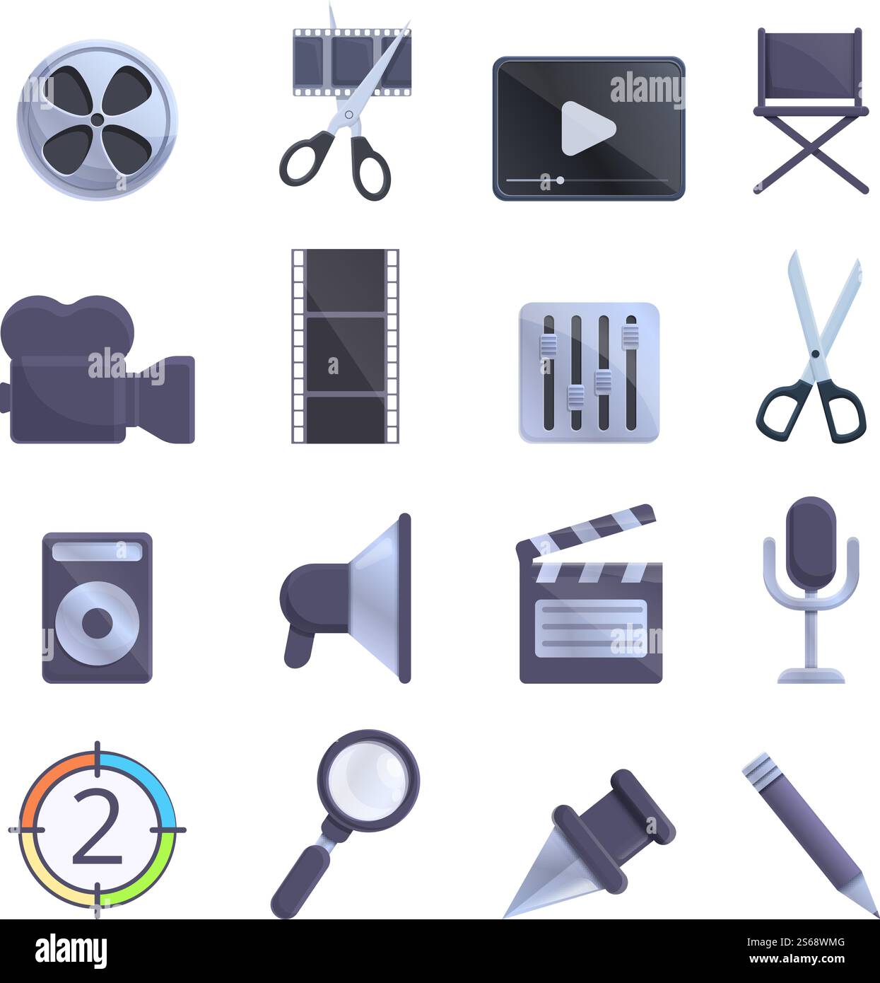 Video editing icons set. Cartoon set of video editing vector icons for ...