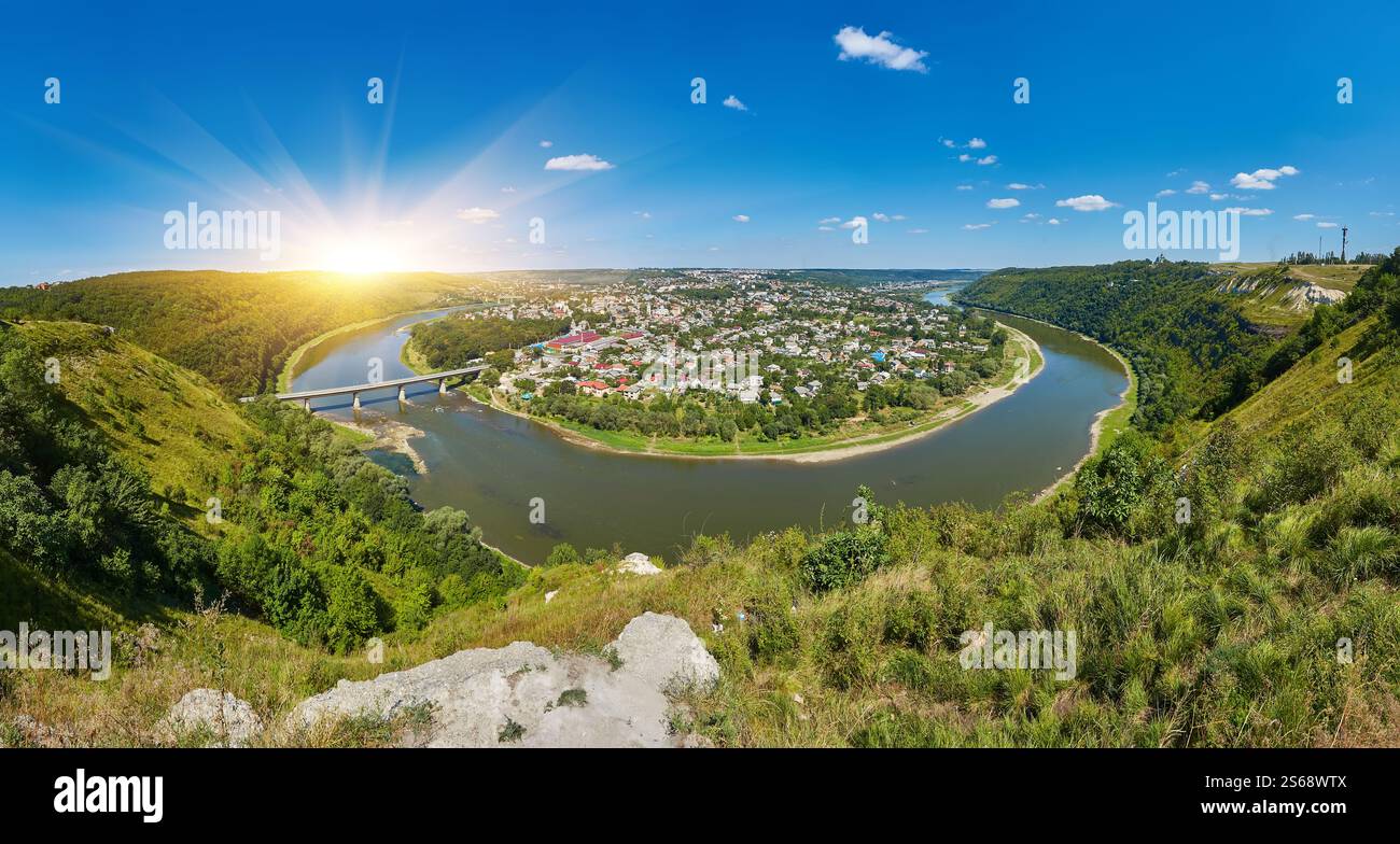Top picturesque view of the spring Dnister river bend canyon and famous ...