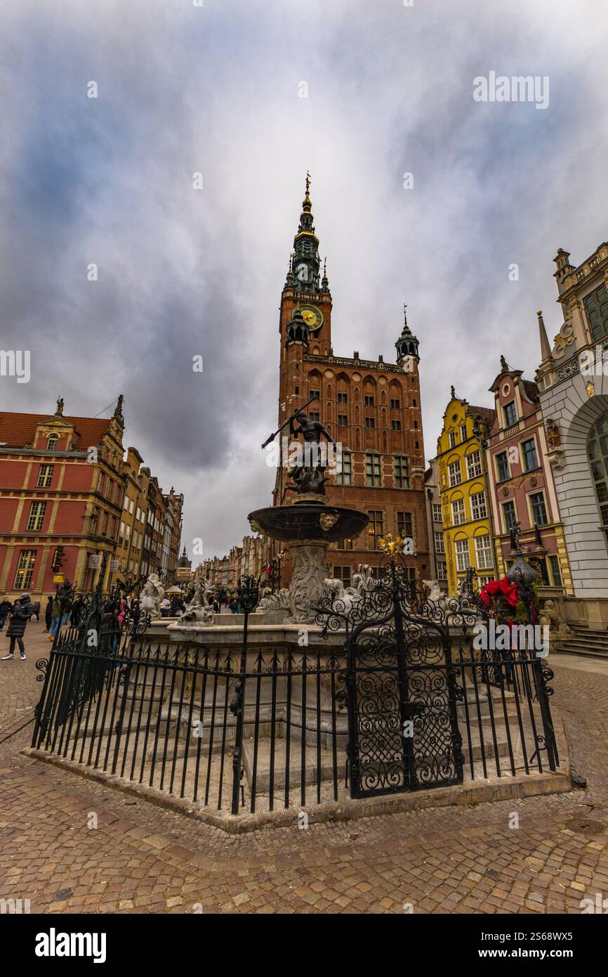 Gdansk, Poland, old town, statue of Neptune fountain, symbol of city ...