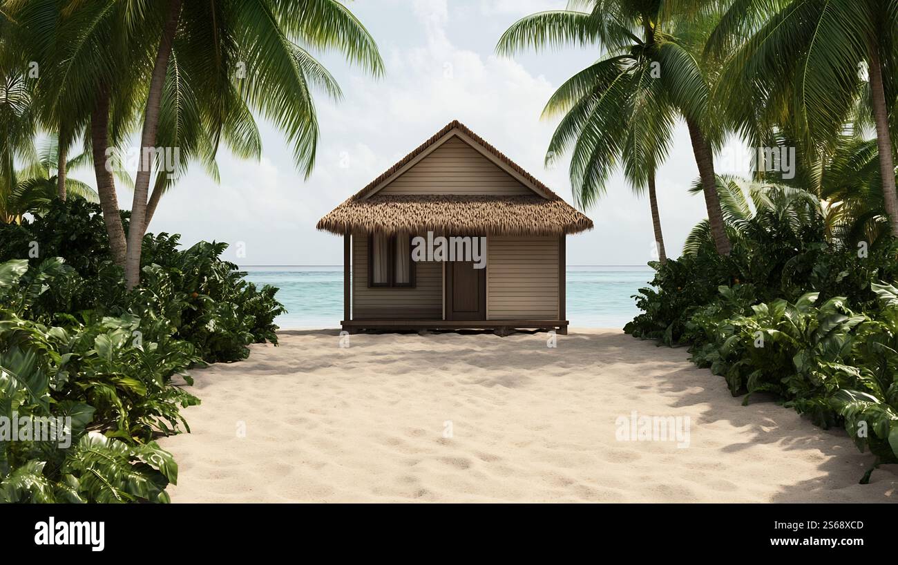 Idyllic tropical paradise with a private beach hut serving as a serene ...