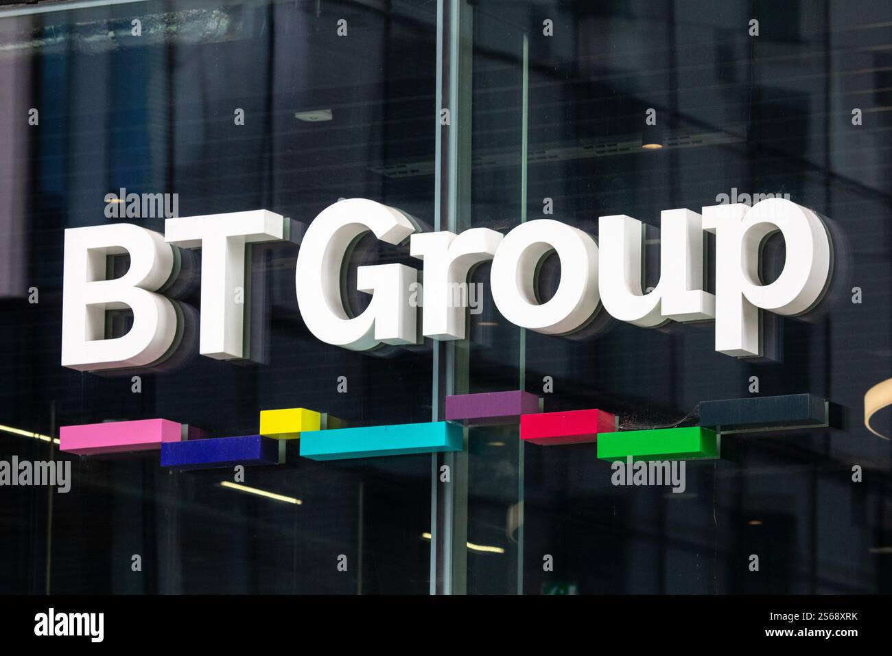 London, UK - July 22nd 2024: BT Group logo on the exterior of their offices on Braham Street in ...