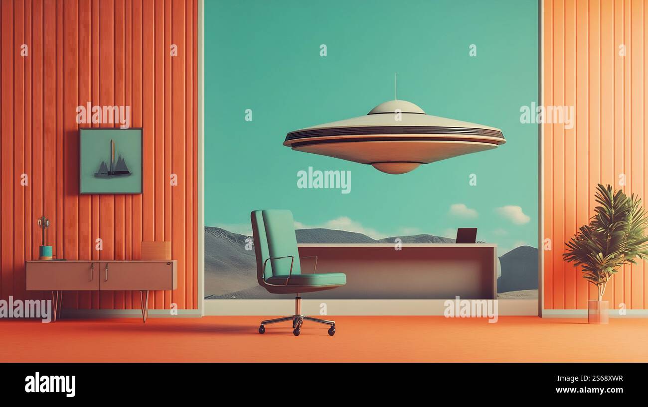Retro-Futuristic Office with Levitating Saucer in Surreal Workspace ...