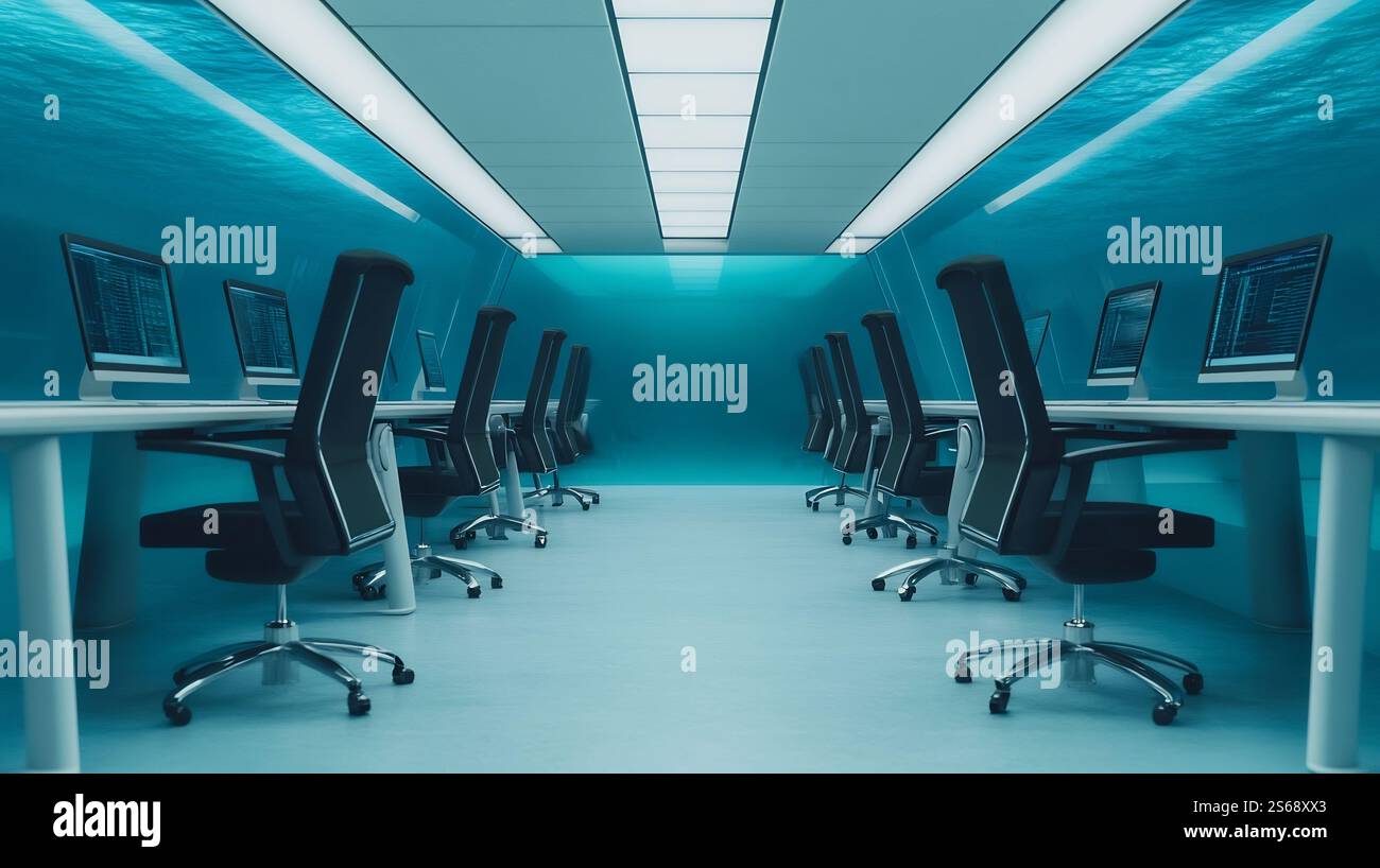 Underwater Corporate Workspace with Glass Walls and Submarine Aesthetic ...