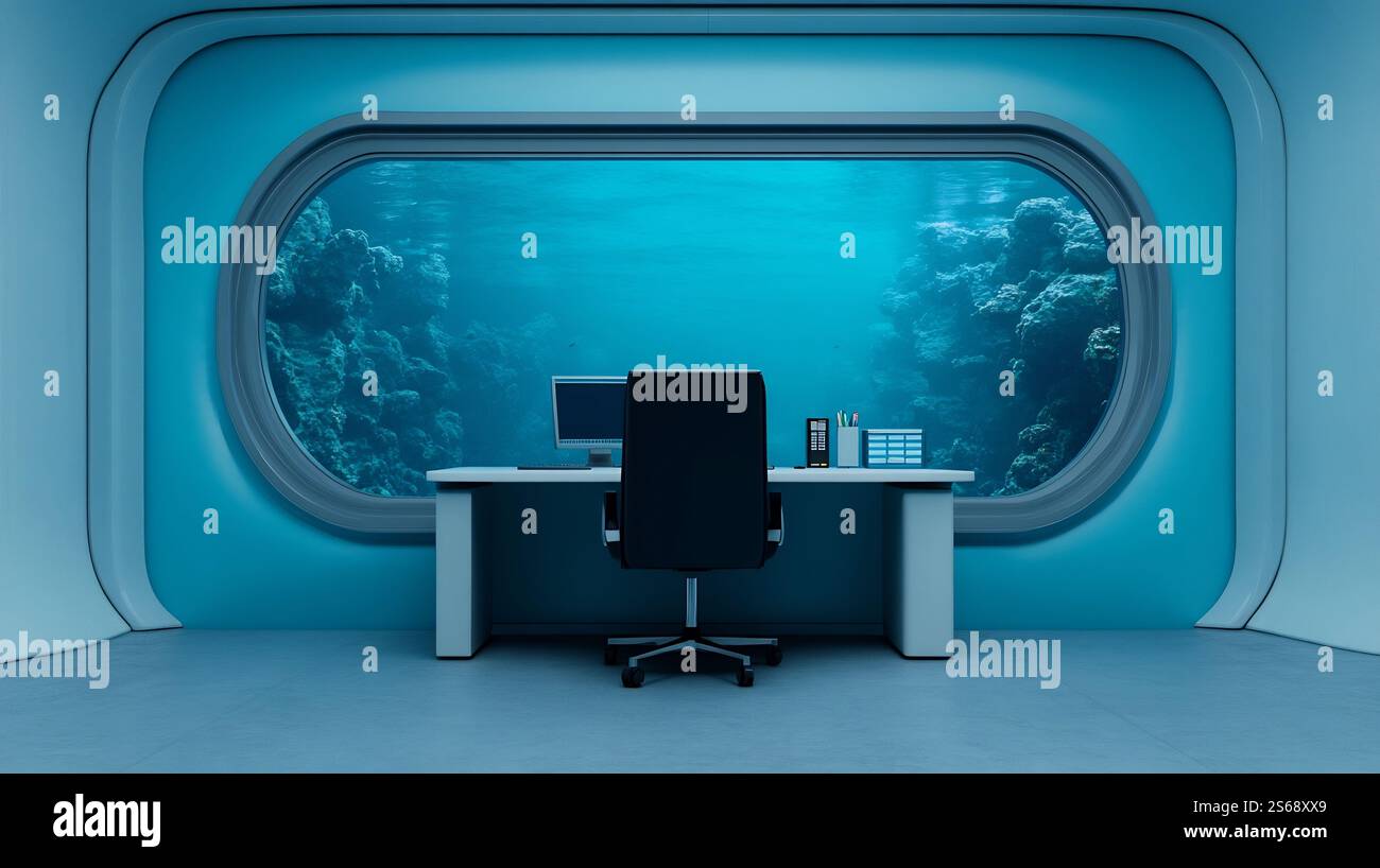 Underwater Submarine Office with Panoramic Glass Walls Backdrop for ...