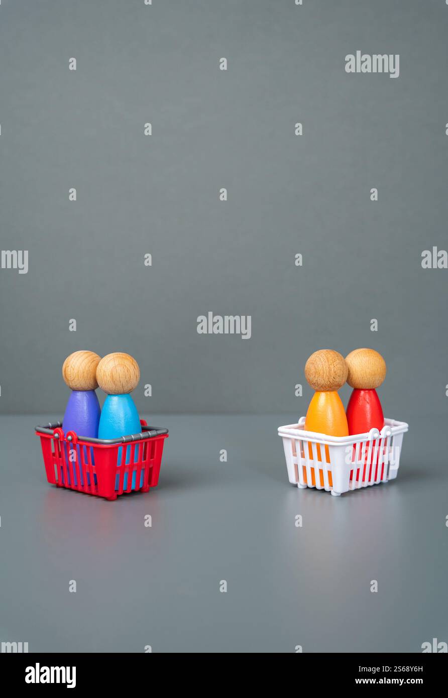 Figures of people in shopping baskets. Concept of consumer baskets ...
