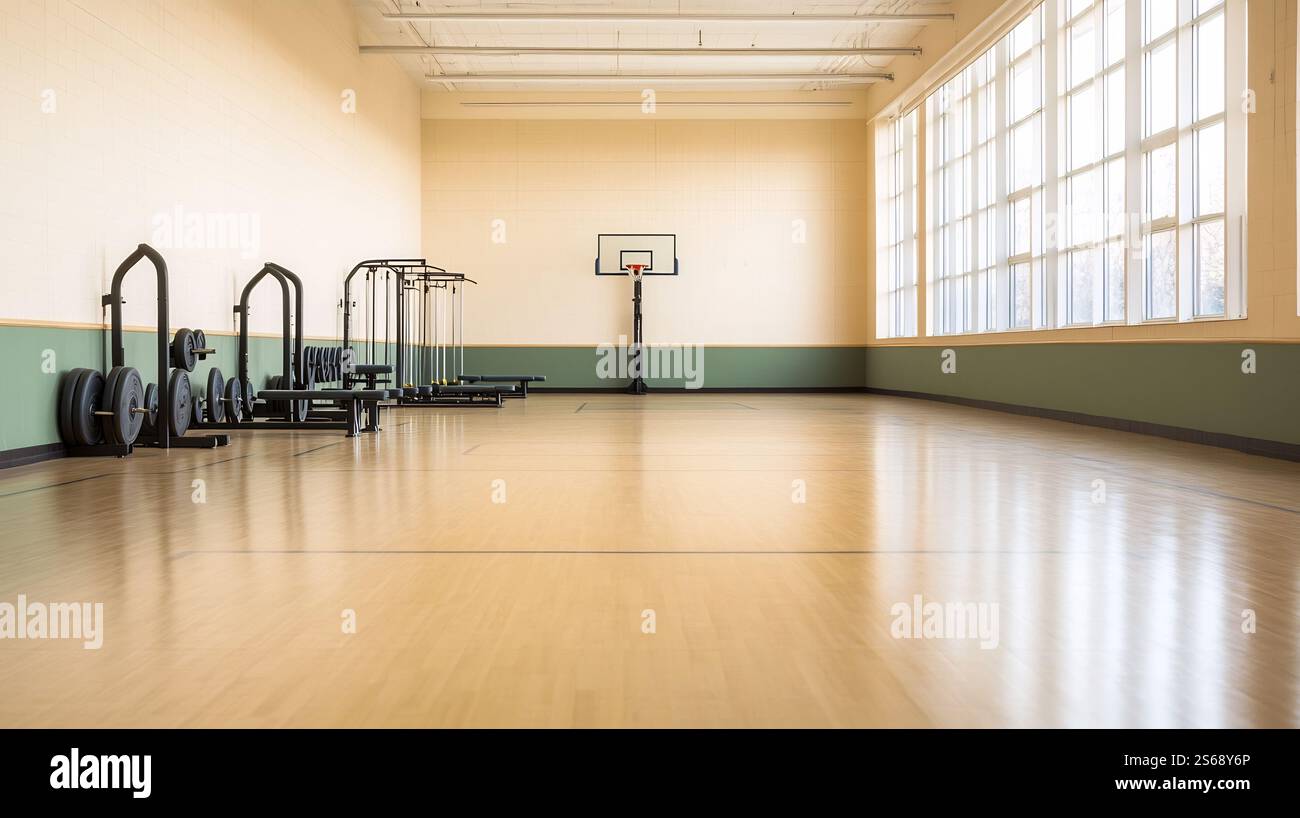 Spacious gymnasium interior filled with various exercise equipment and ...