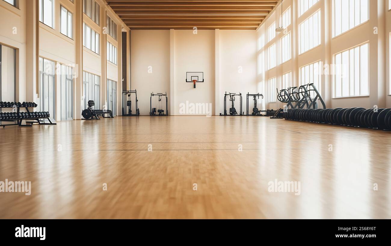 Bright and airy gymnasium filled with various exercise equipment and a ...