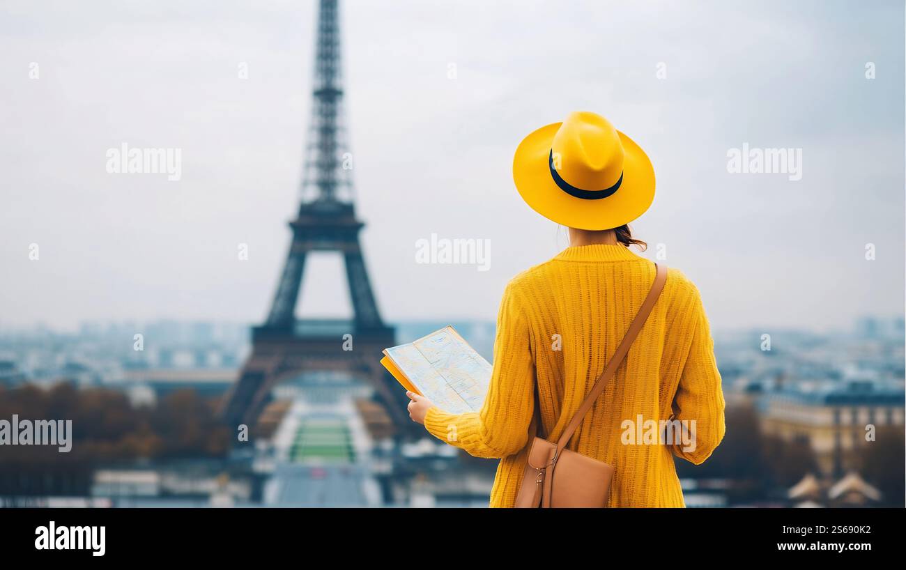 Tourist with Map Stands in Front of Iconic Eiffel Tower in Paris ...