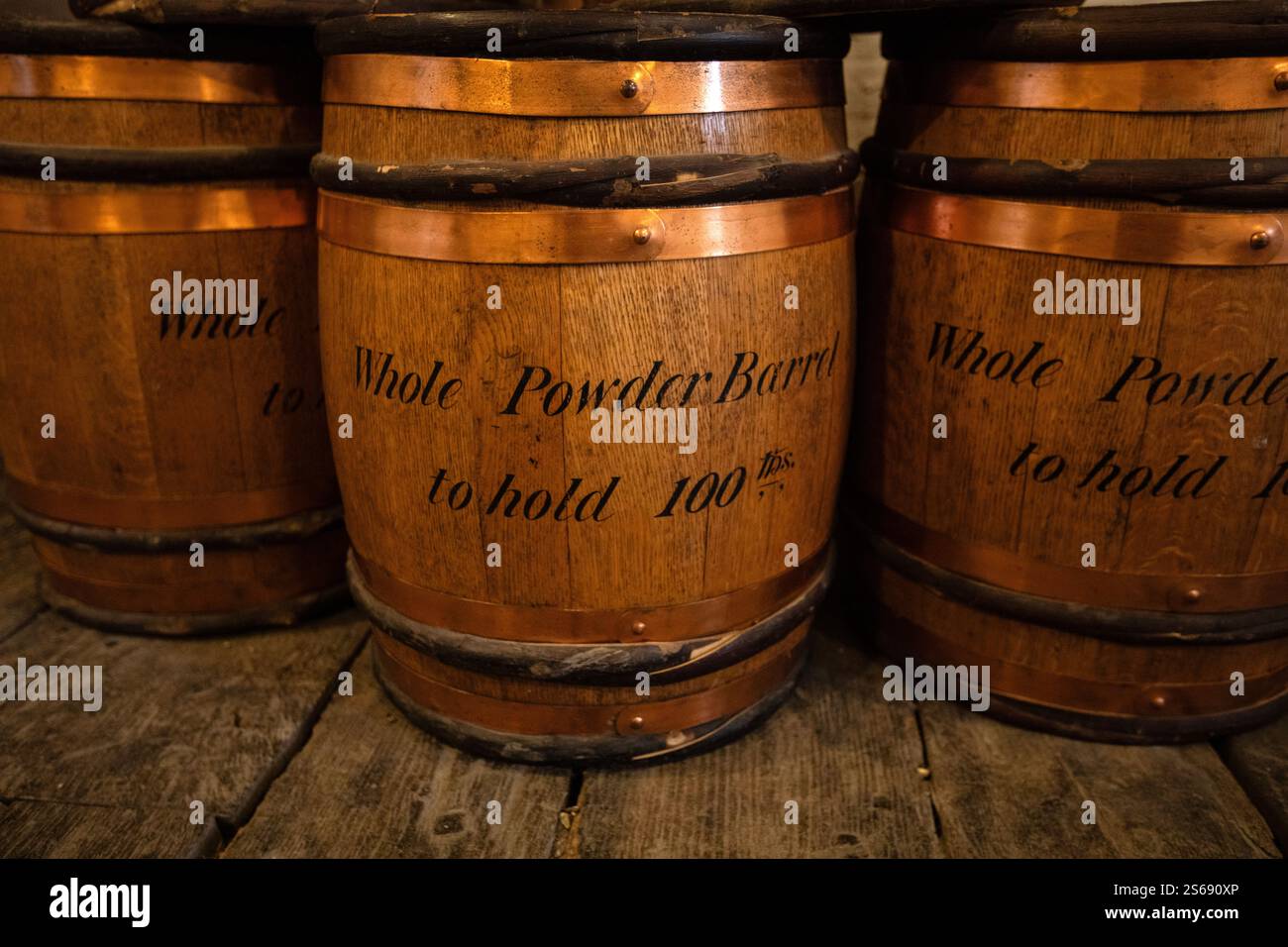 Essex, UK - July 7th 2024: Gunpowder barrels in one of the gunpowder ...