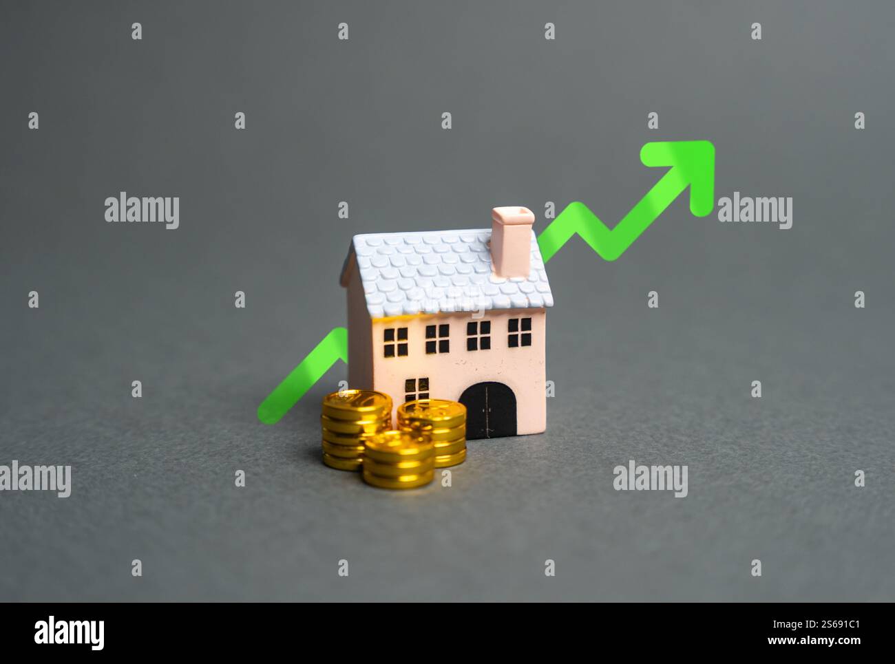 House with gold coins and green arrow pointing up. Rising property ...