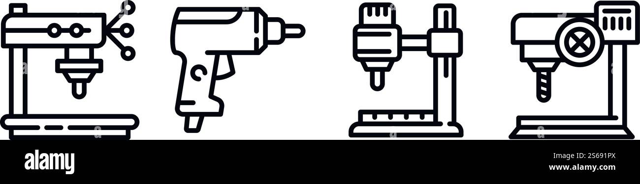 Drilling machine icons set. Outline set of drilling machine vector icons for web design isolated ...