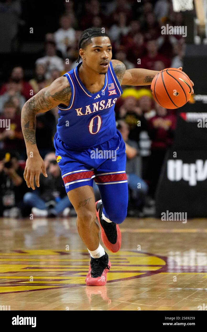 Kansas guard Shakeel Moore (0) drives up court during the first half of ...