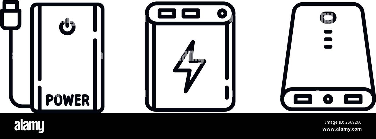 Power bank icons set. Outline set of power bank vector icons for web ...