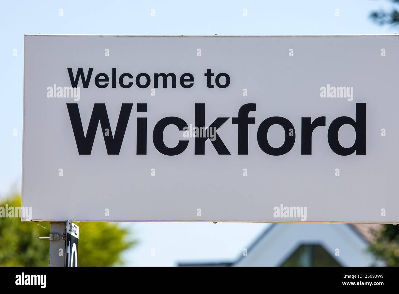 Close-up of a welcome sign at Wickford Railway Station. Wickford is a ...