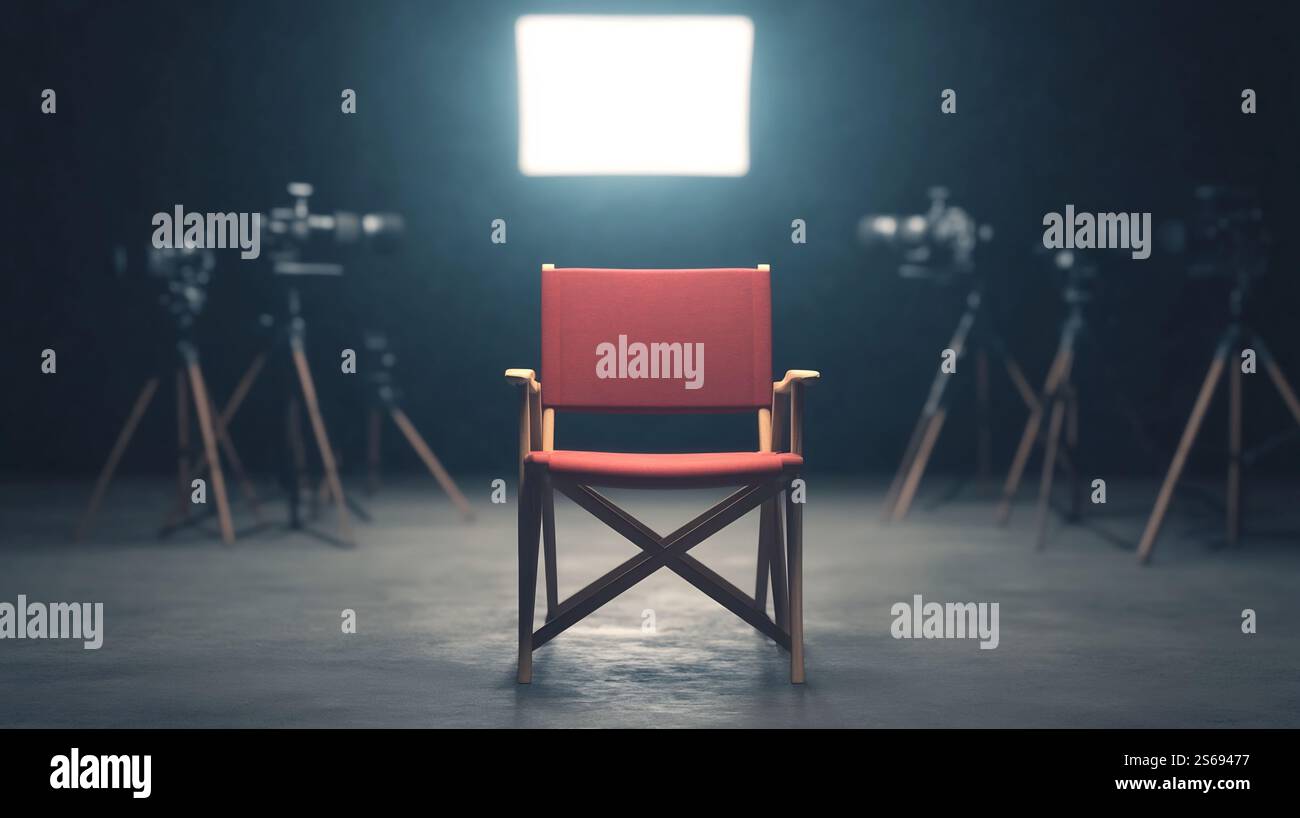 Filmmaker's Workspace with Director's Chair and Crew on Film Set. image ...