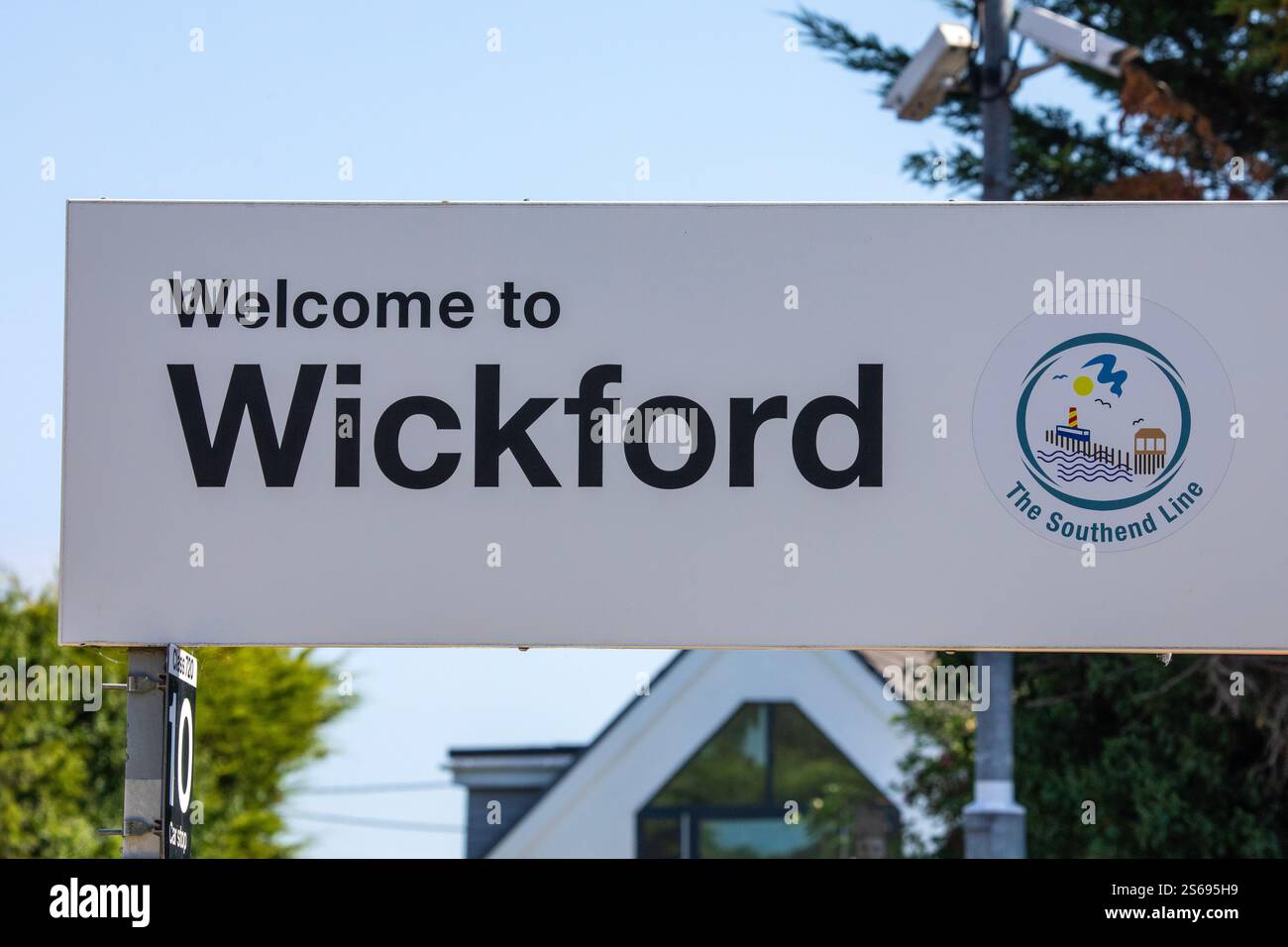 Close-up of a welcome sign at Wickford Railway Station. Wickford is a ...