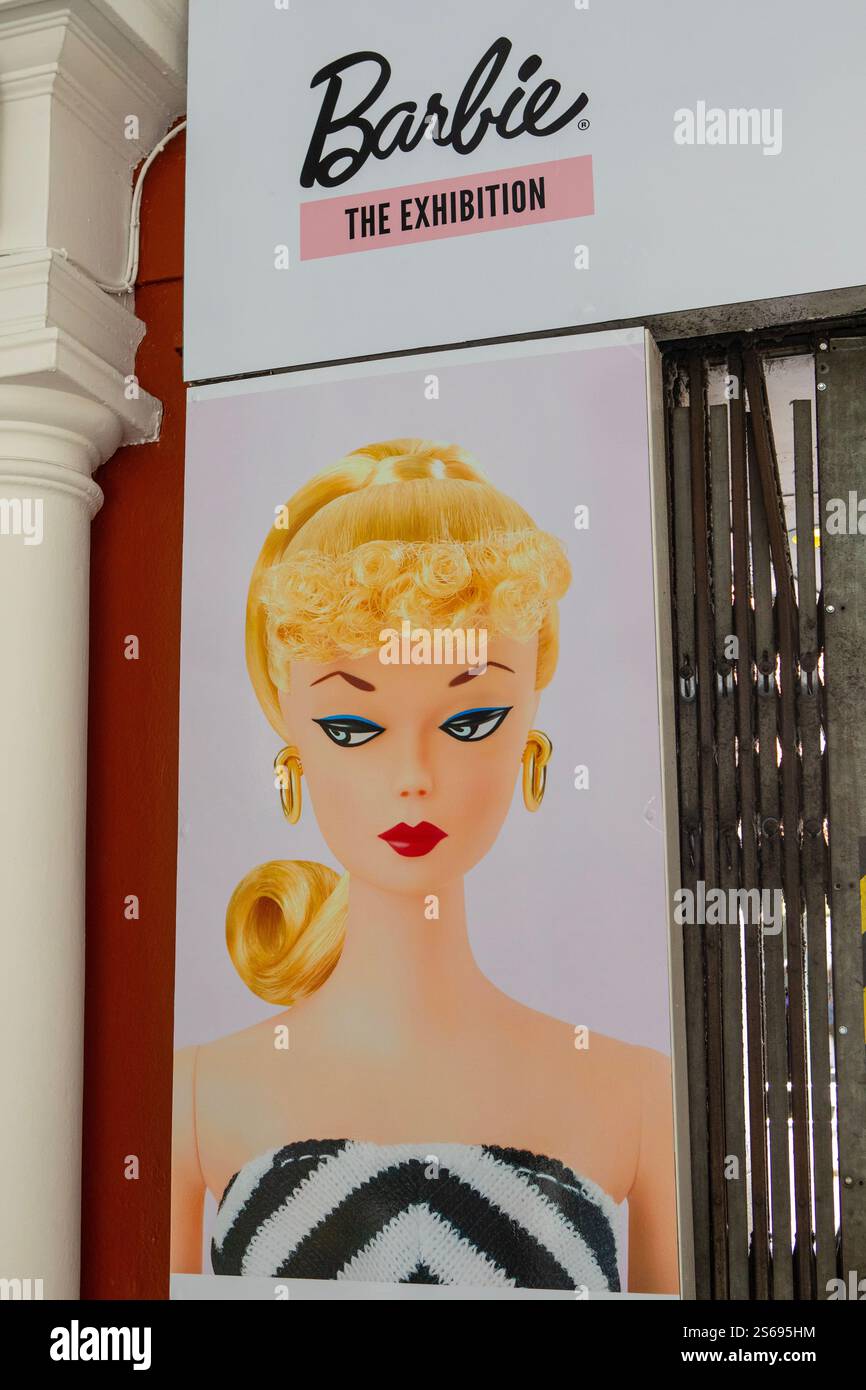 London, UK - July 29th 2024: A sign promoting Barbie The Exhibition ...