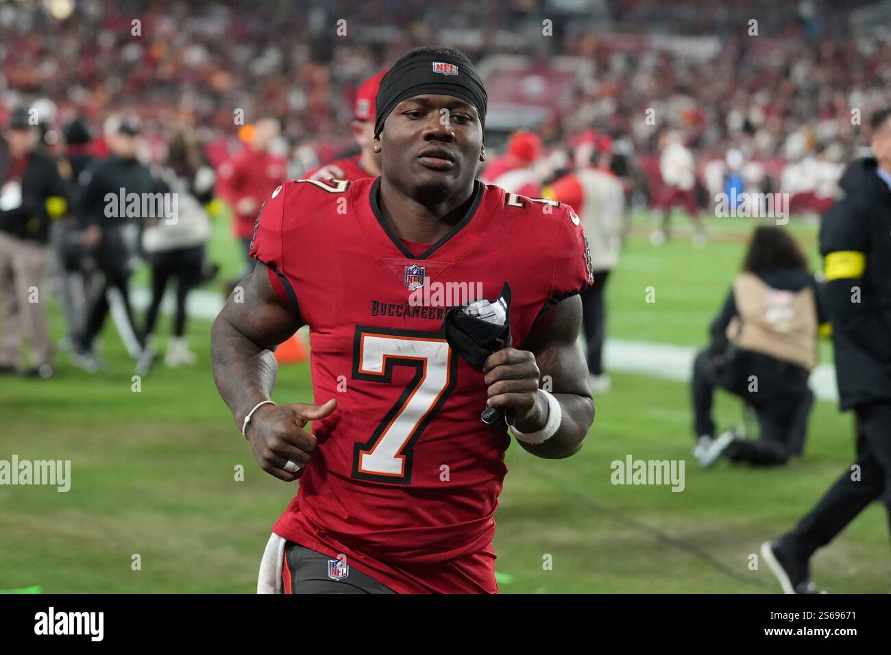 Tampa Bay Buccaneers running back Bucky Irving (7) leaves the field at ...