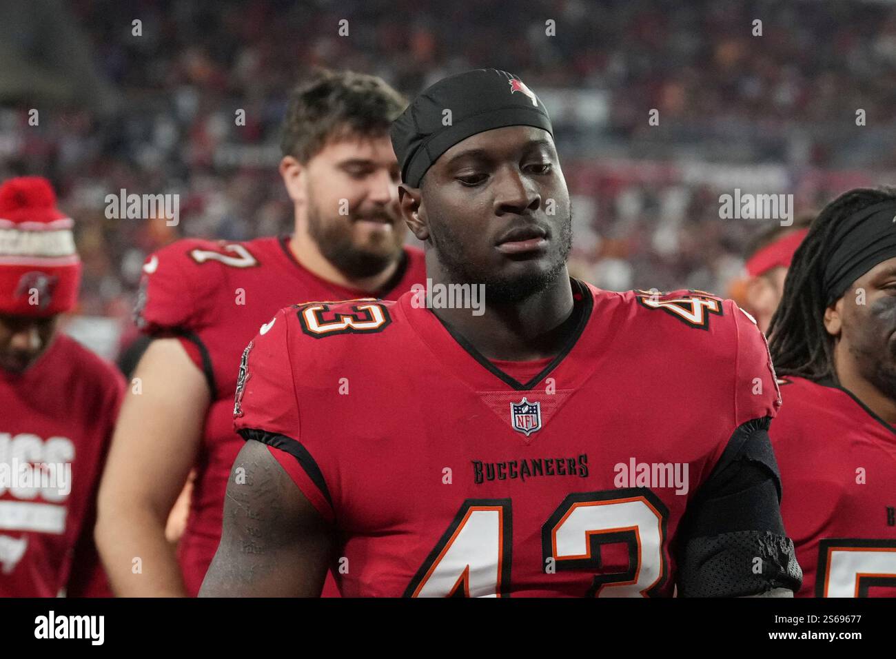 Tampa Bay Buccaneers linebacker Chris Braswell (43) leaves the field at half time during an NFL ...