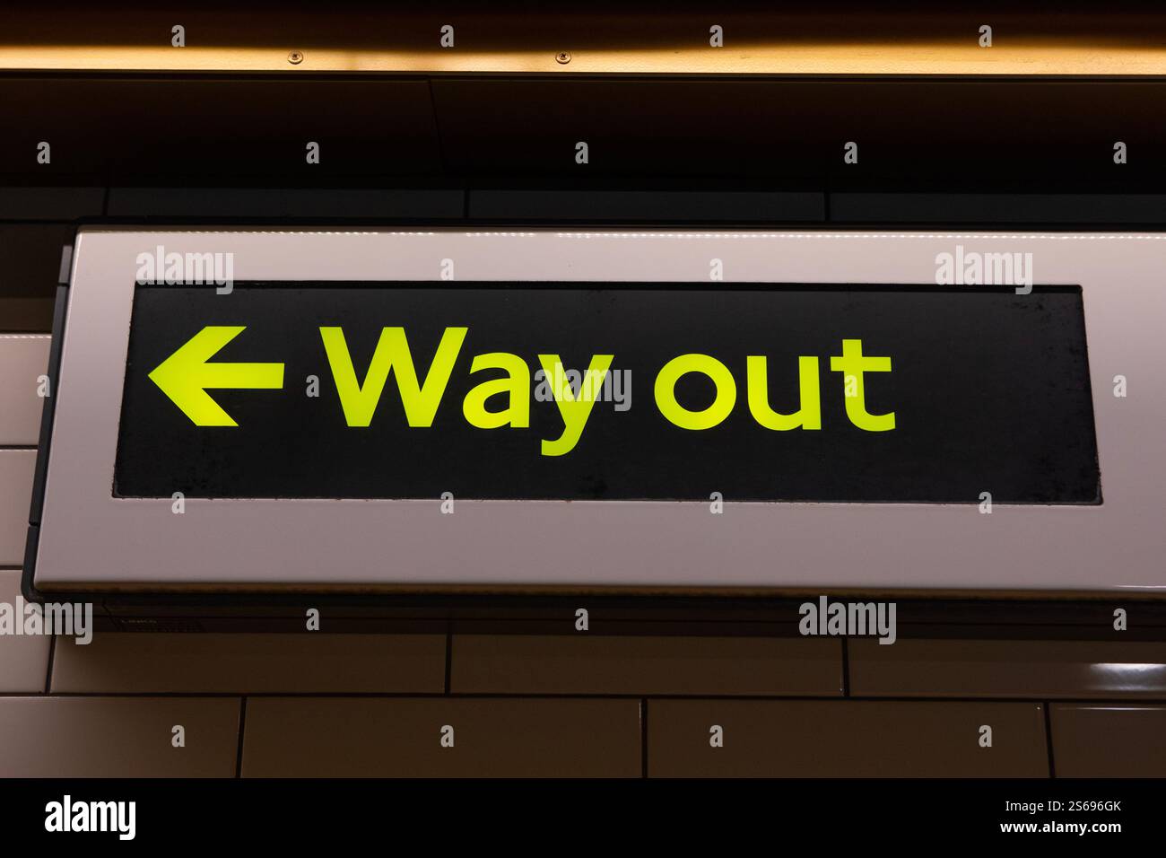London, UK - July 29th 2024: Close-up of a Way Out sign on the London ...