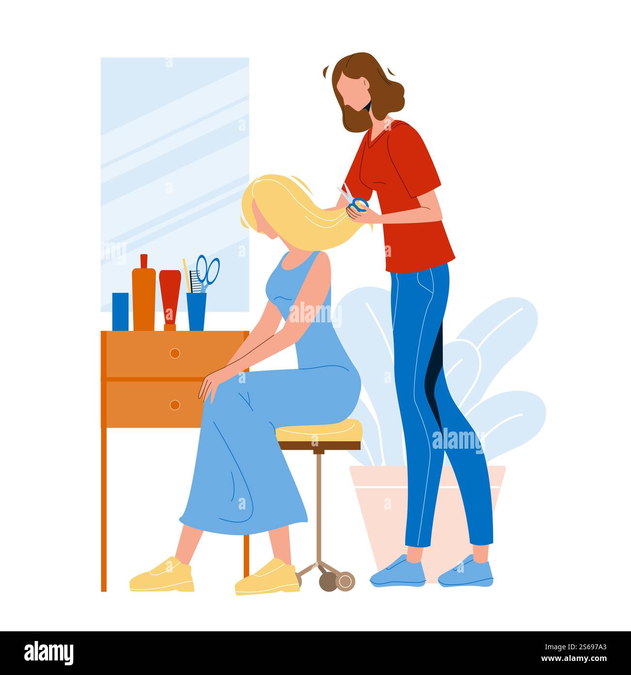 Hairdresser Trimming Girl Hair Beauty Salon Black Line Pencil Drawing ...