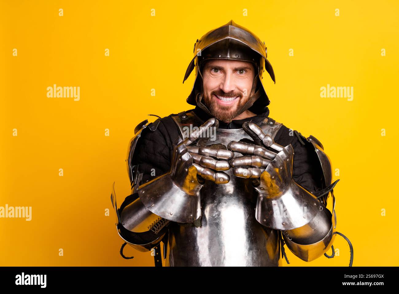 Smiling man in armor with a yellow background, representing a blend of ...