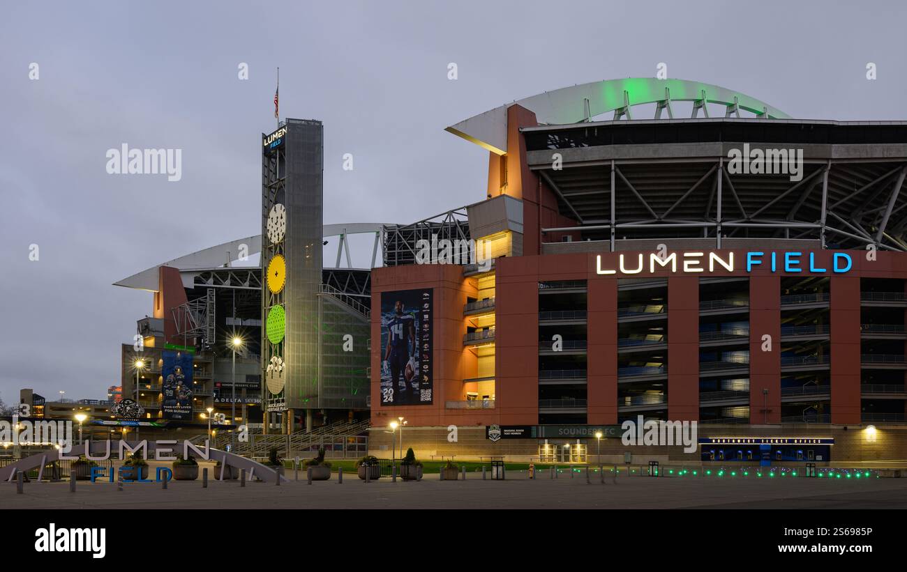 Seattle - January 14, 2025; Lumen Field stadium illuminated at dusk ...