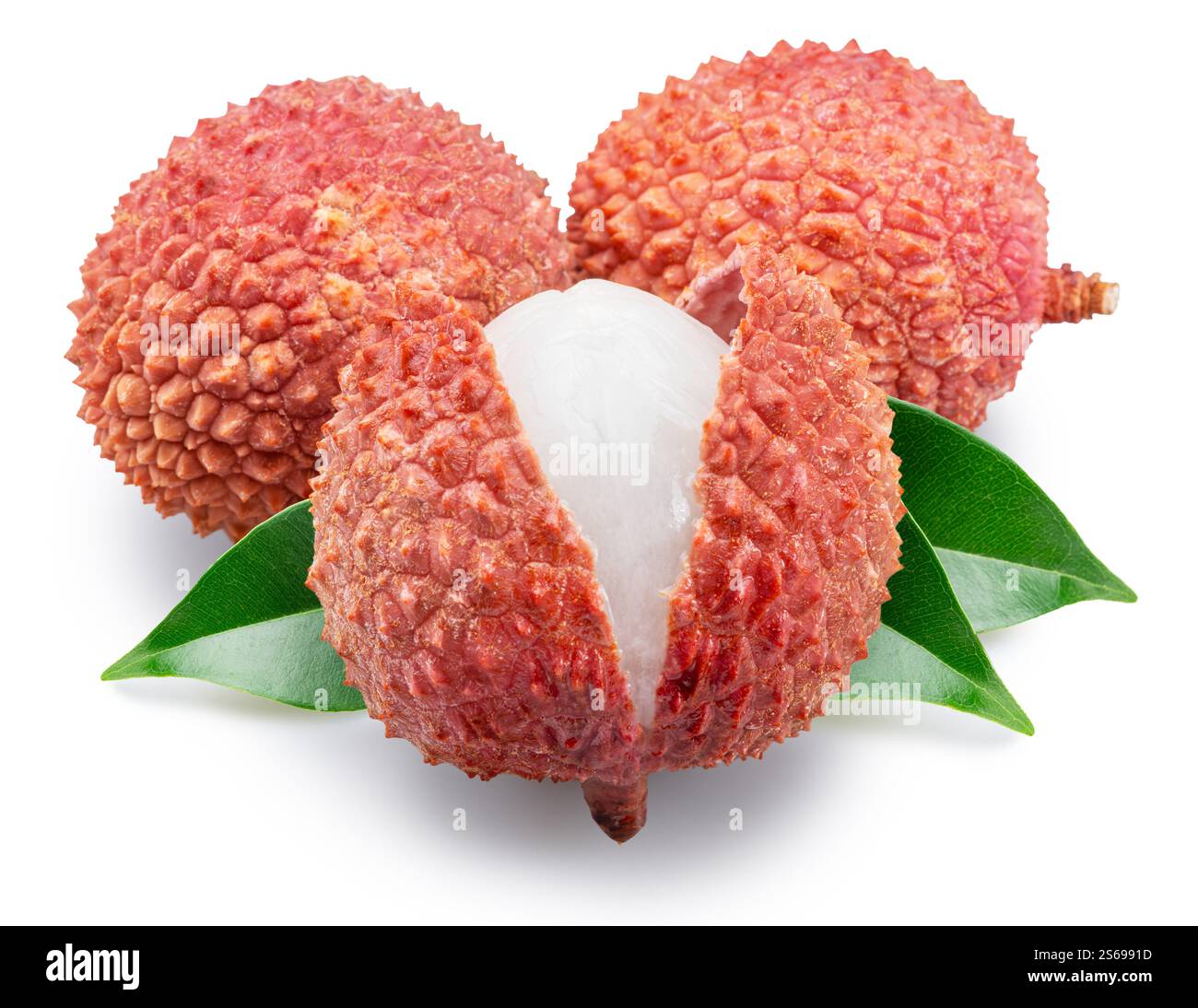 Lychee fruits with green leaves and one lychee peeled in half isolated ...
