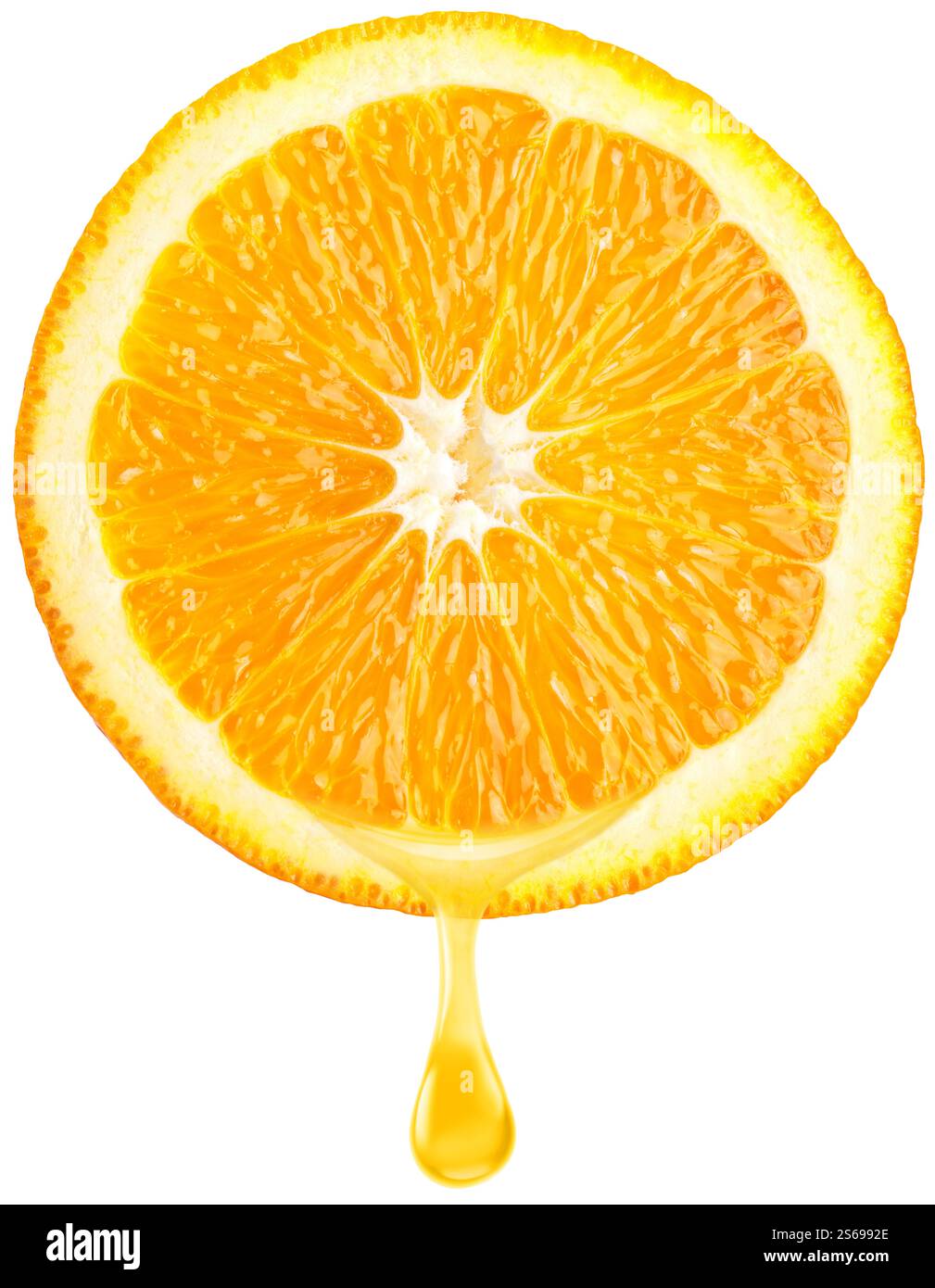 Cross cut of orange fruit and orange juice dripping from it on a white ...