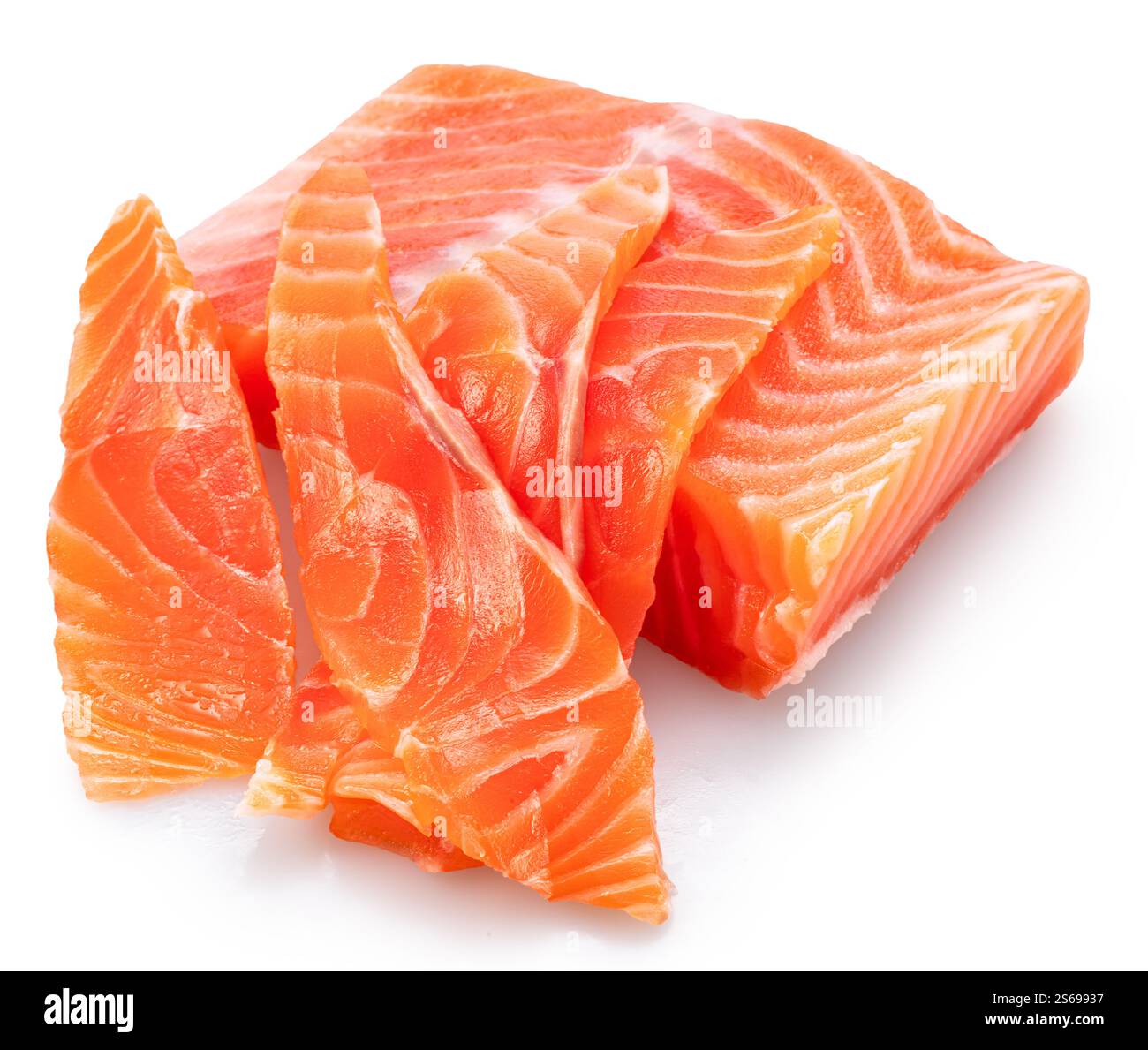 Salmon fillet slices and cut of salmon isolated on white background ...