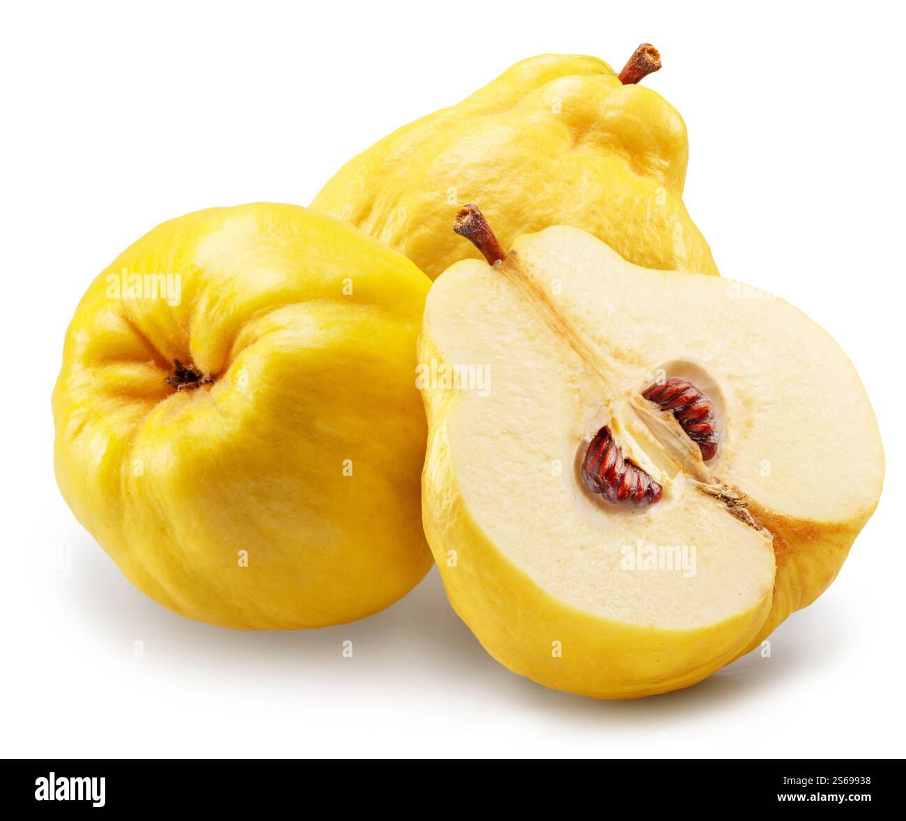 Quinces and longitudinal section of quince isolated on white background ...