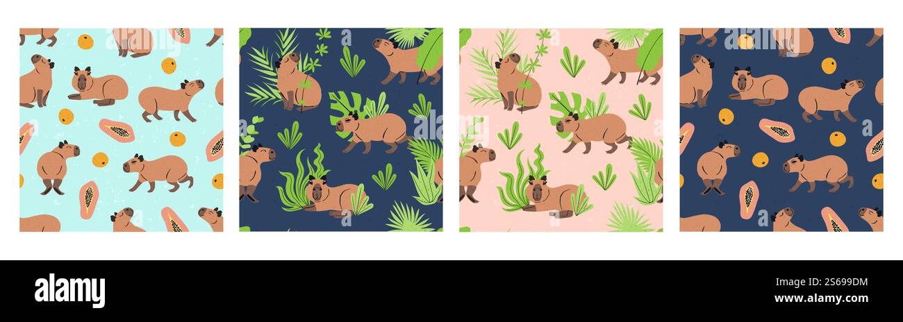 Seamless patterns set with funny cartoon capybaras and jungle plants Stock Vector Image & Art ...