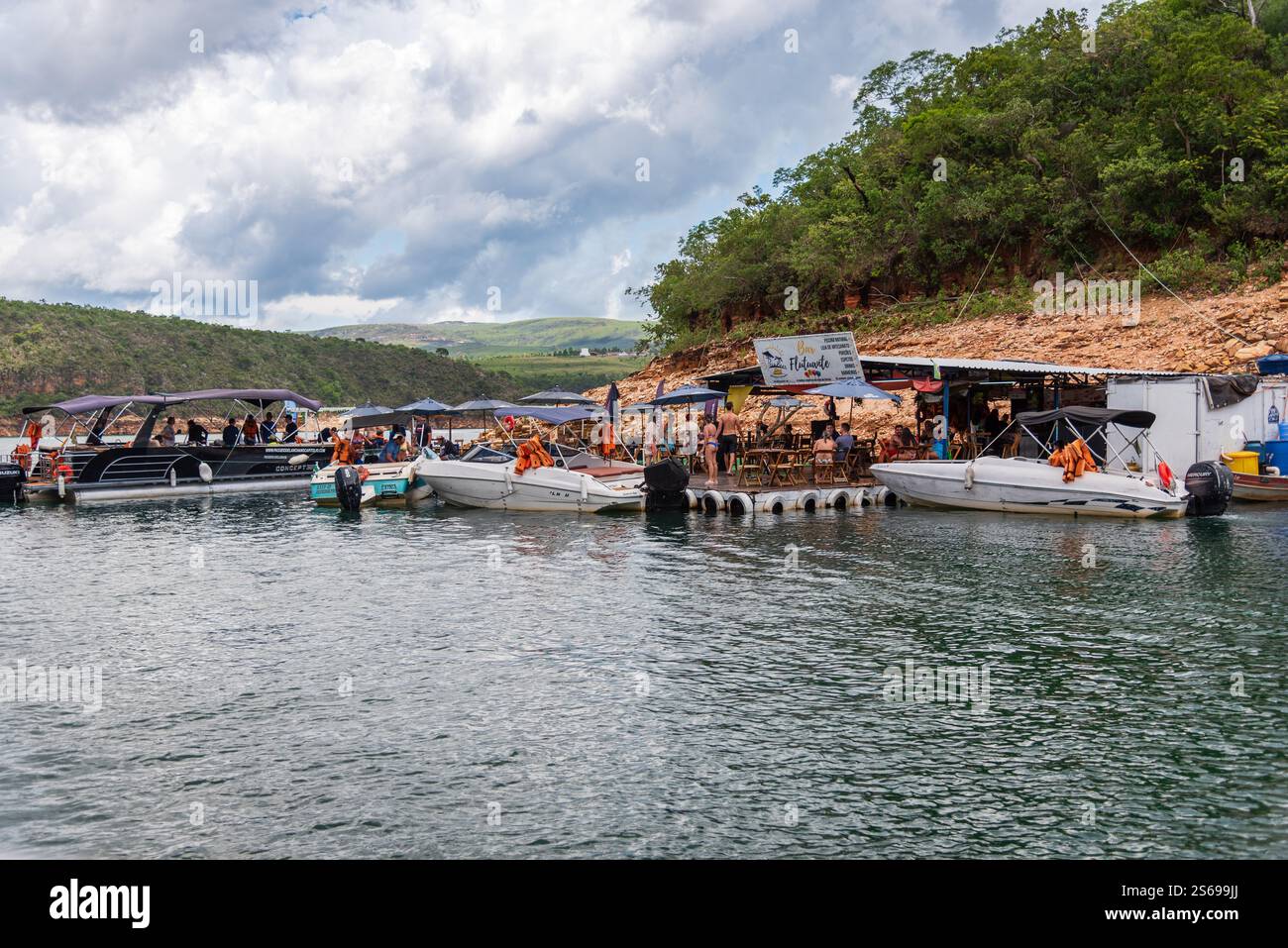 A floating bar on Furnas Dam Lake near the Cachoeira Lagoa Azul ...