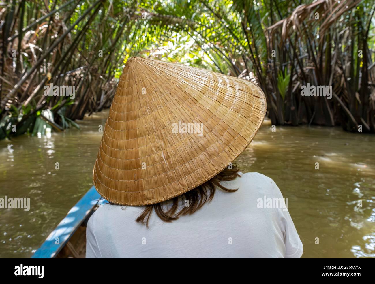 Back view of woman with traditional Vietnamese conical hat on a boat ...