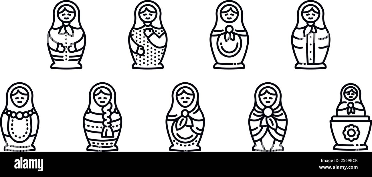 Nesting doll icons set. Outline set of nesting doll vector icons for ...