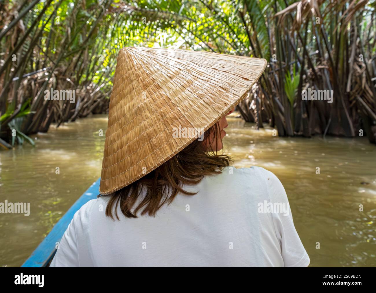 Back view of woman with traditional Vietnamese conical hat on a boat ...