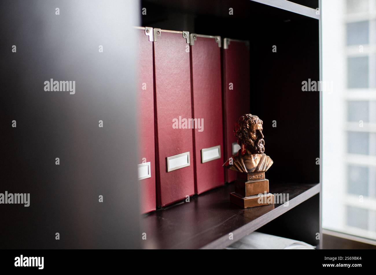 A lawyer’s office with bookshelves, antique clocks, and a Lady Justice ...