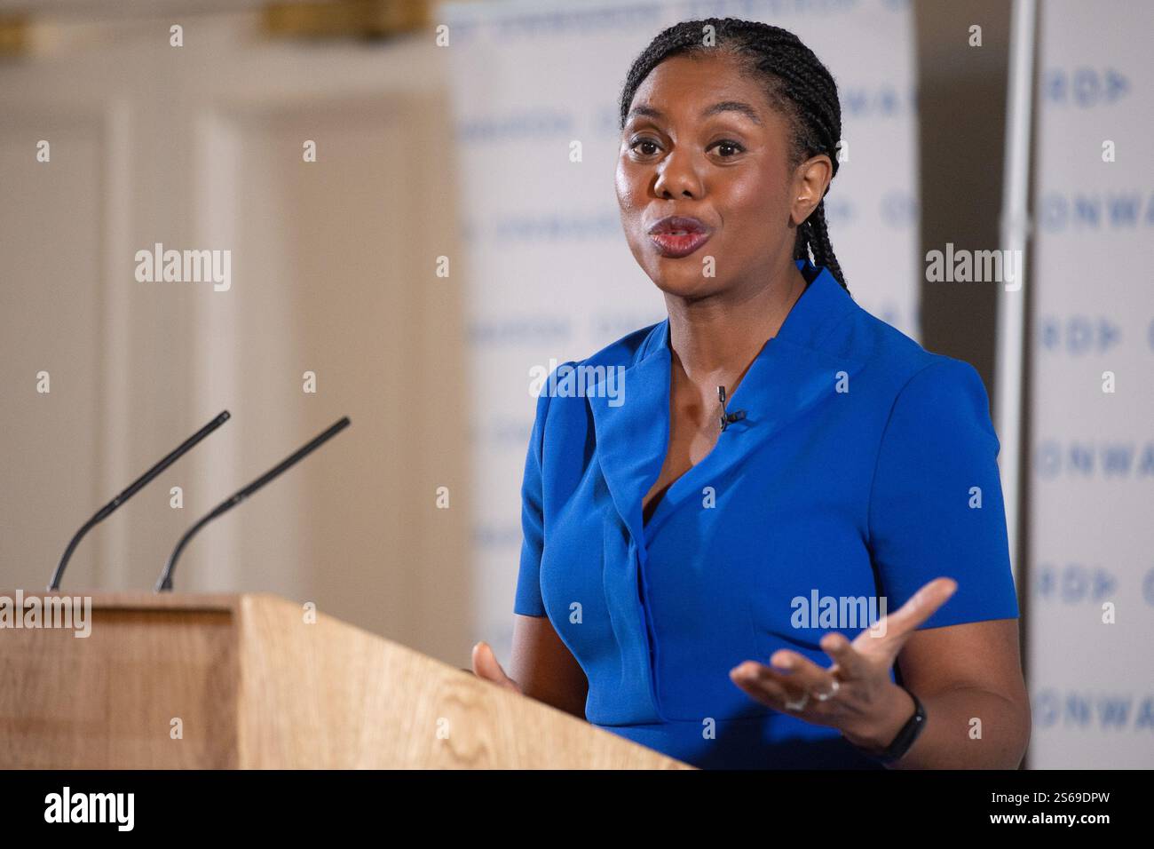 London, UK. 16 Jan 2025. Conservative Party Leader (and LOTO) Kemi Badenoch delivers a speech on ...