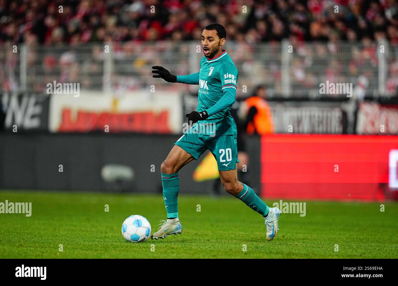 January 15 2025: Alexis Claude-Maurice of FC Augsburg controls the ball ...