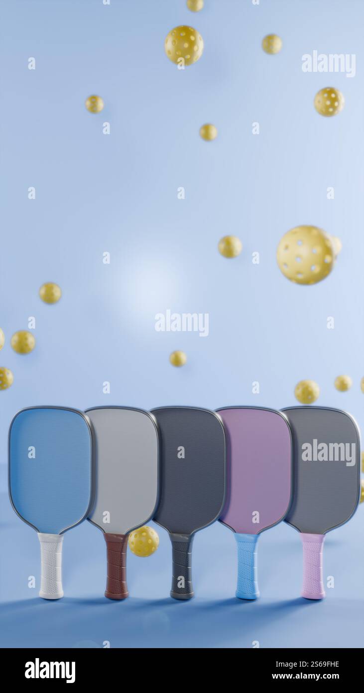Colorful pickleball paddles arranged against a blue background with ...