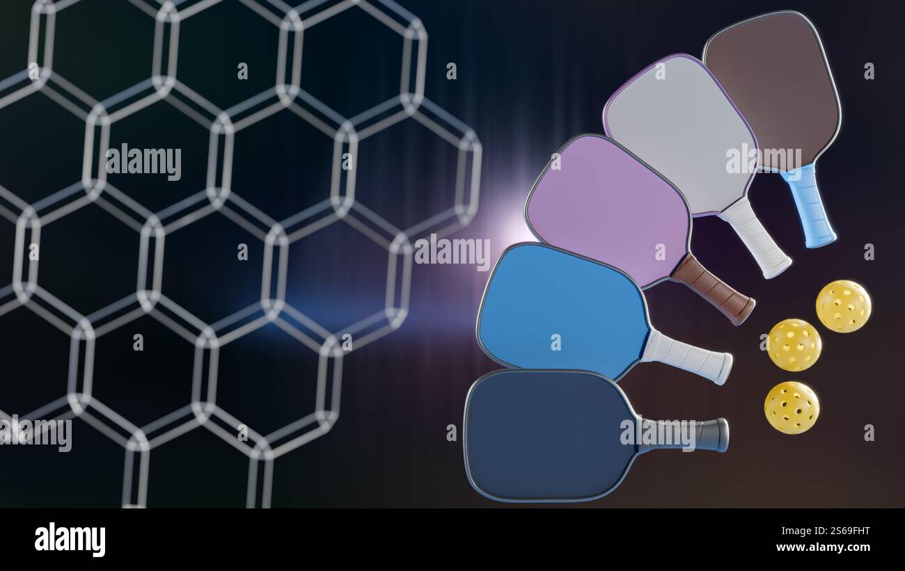 Display of colorful pickleball paddles and balls. 3d rendering Stock ...