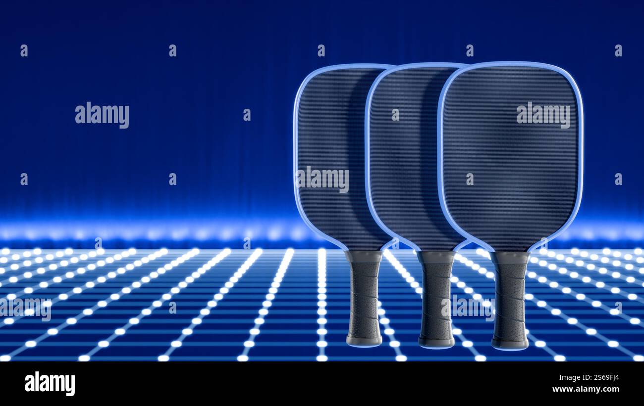 Three pickleball paddles stand against a blue neon background.3d ...