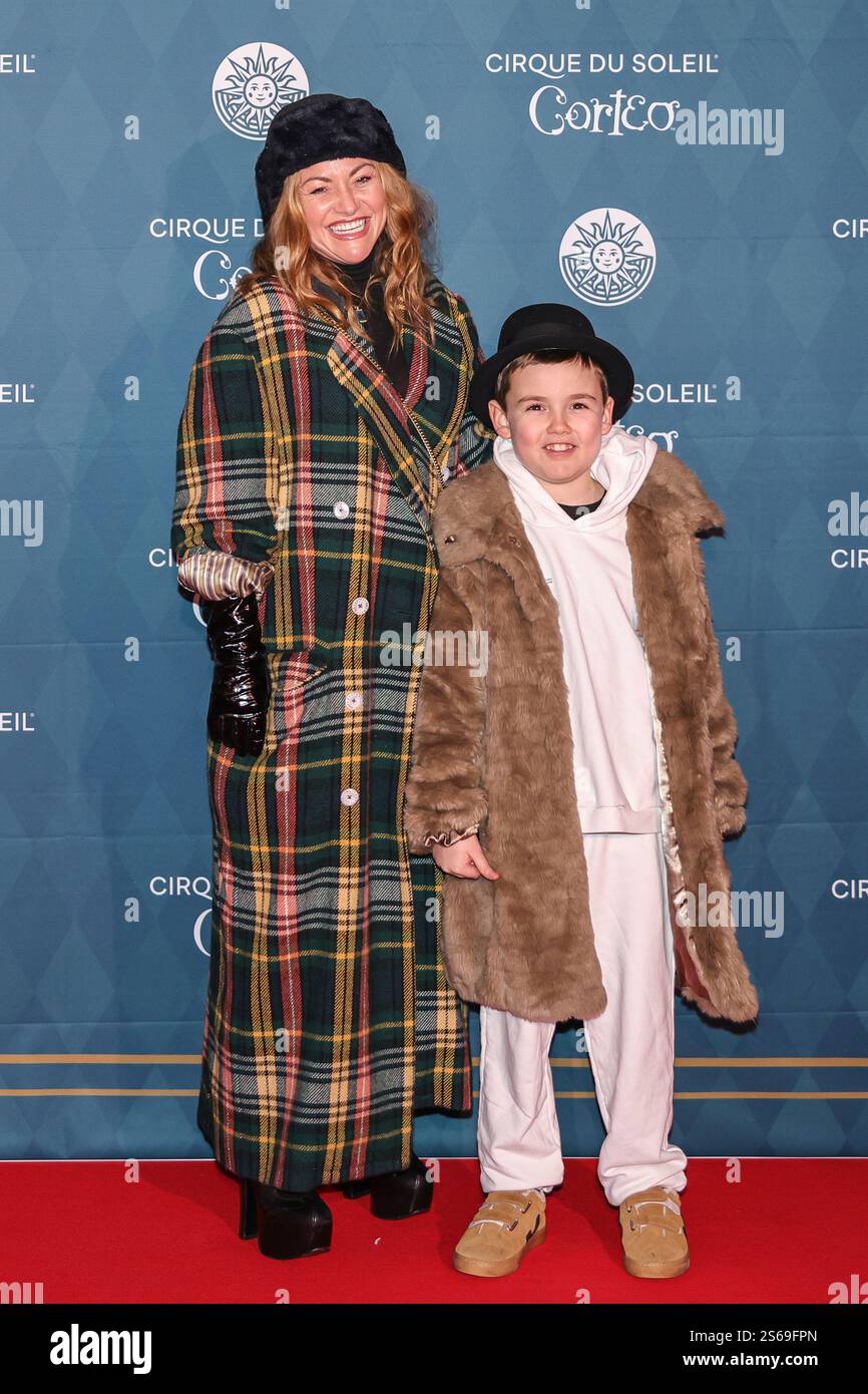 London, UK. 15th Jan, 2025. Jaime Winstone and son arriving and posing ...