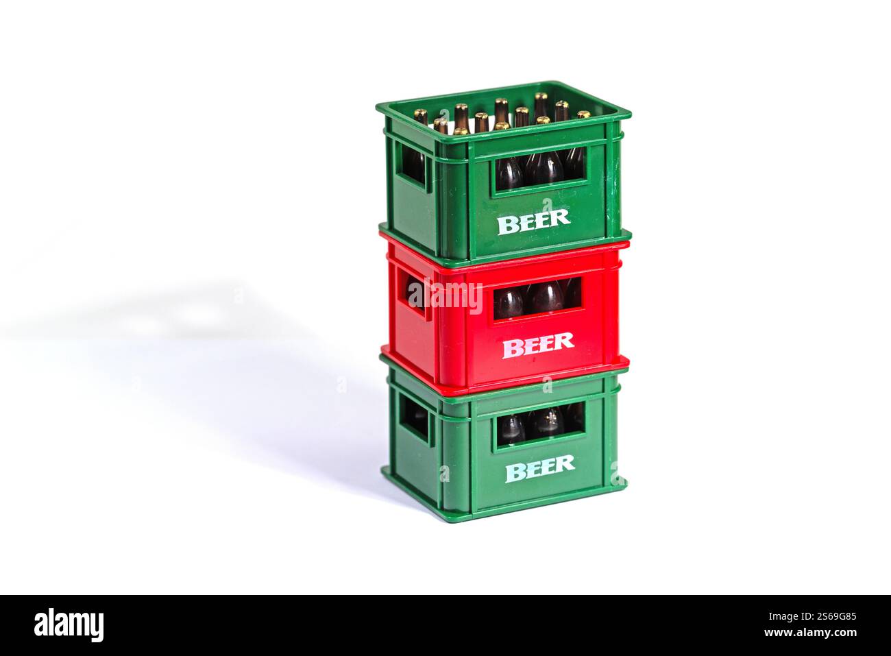 Three beer crates in front of a white background Stock Photo - Alamy