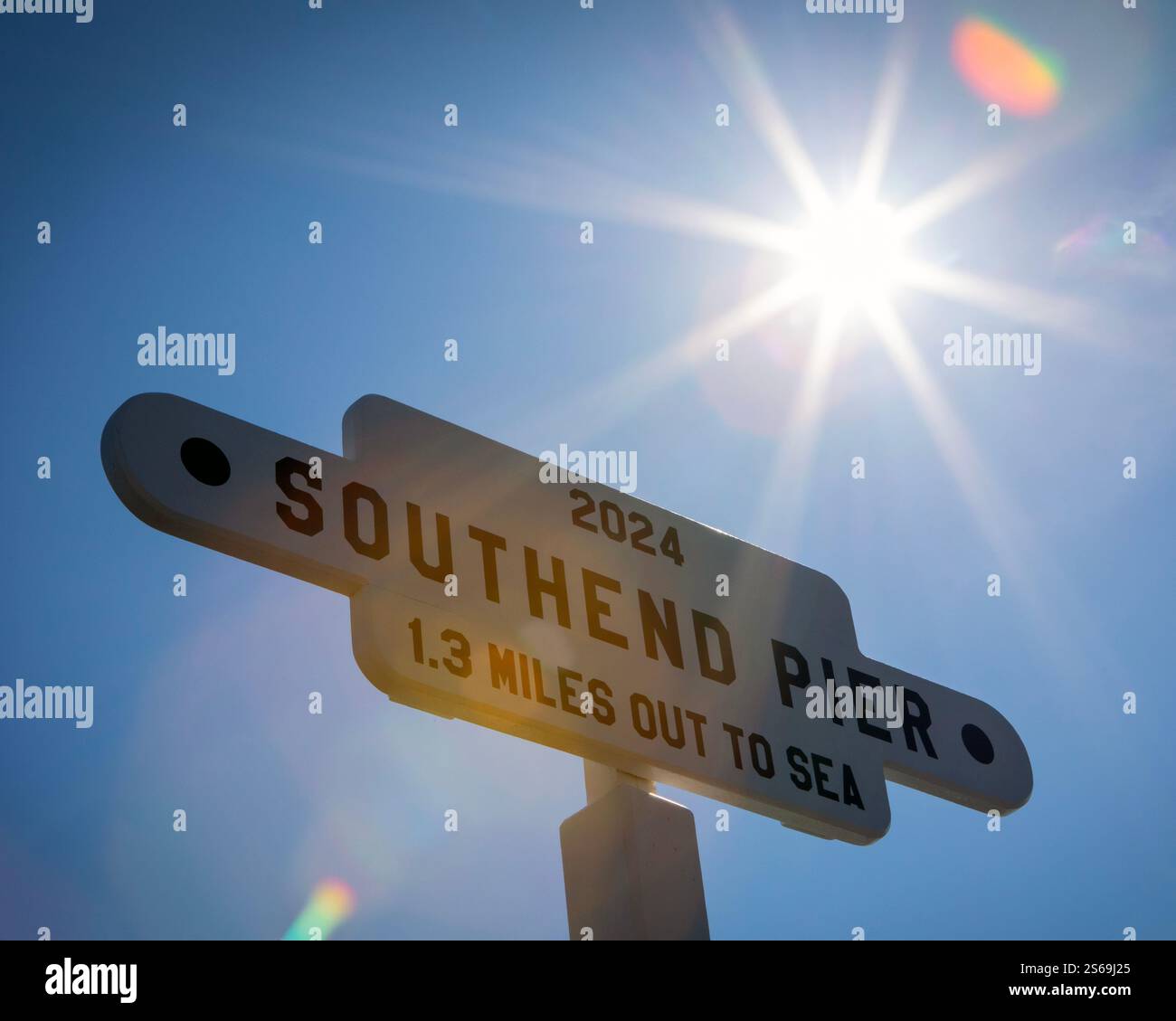 A sign at the end of the historic Southend Pier in Essex, UK. It is the ...