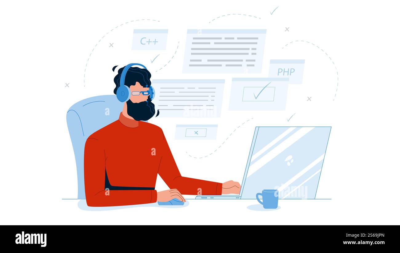 Man Coder Development Programming Computer Black Line Pencil Drawing Vector Bearded Guy Coder