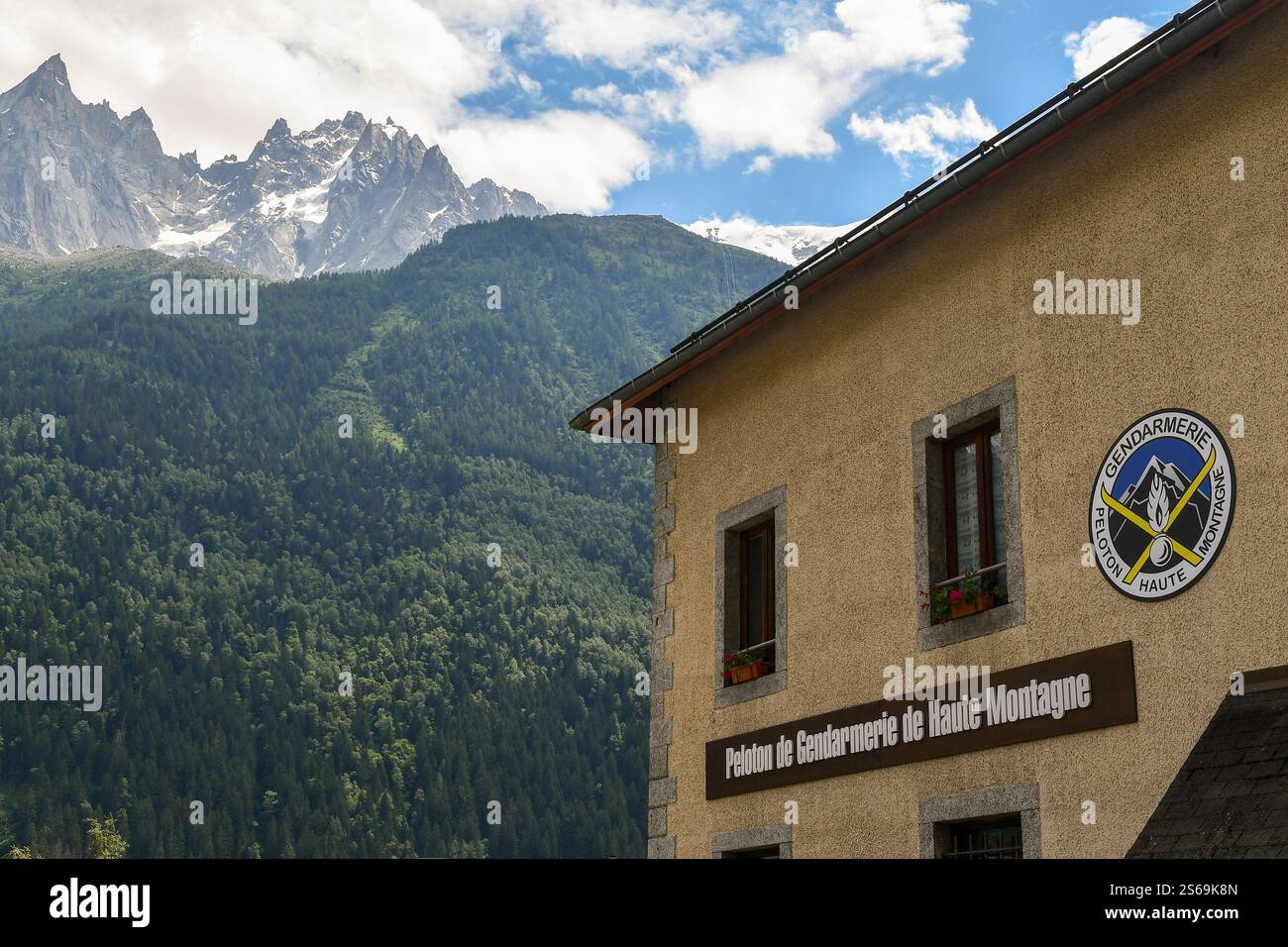 High-section of the Chamonix High Mountain Rescue building with Mont ...
