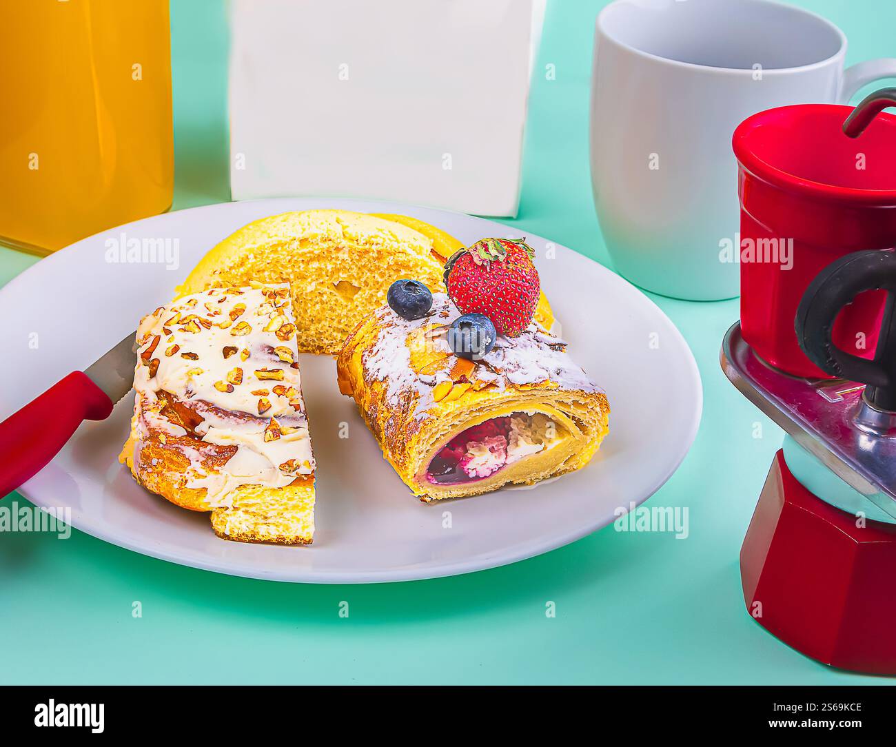 Strawberry and blueberry pastry, orange juice and coffee Stock Photo ...