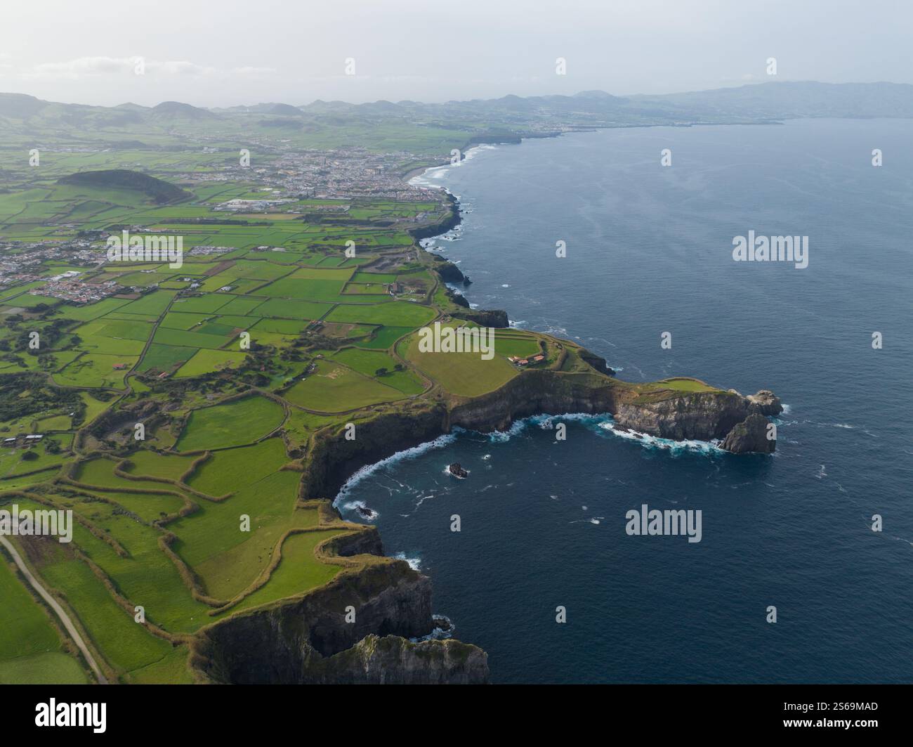 green grassland and rock land landscape of the Azores islands in the ...